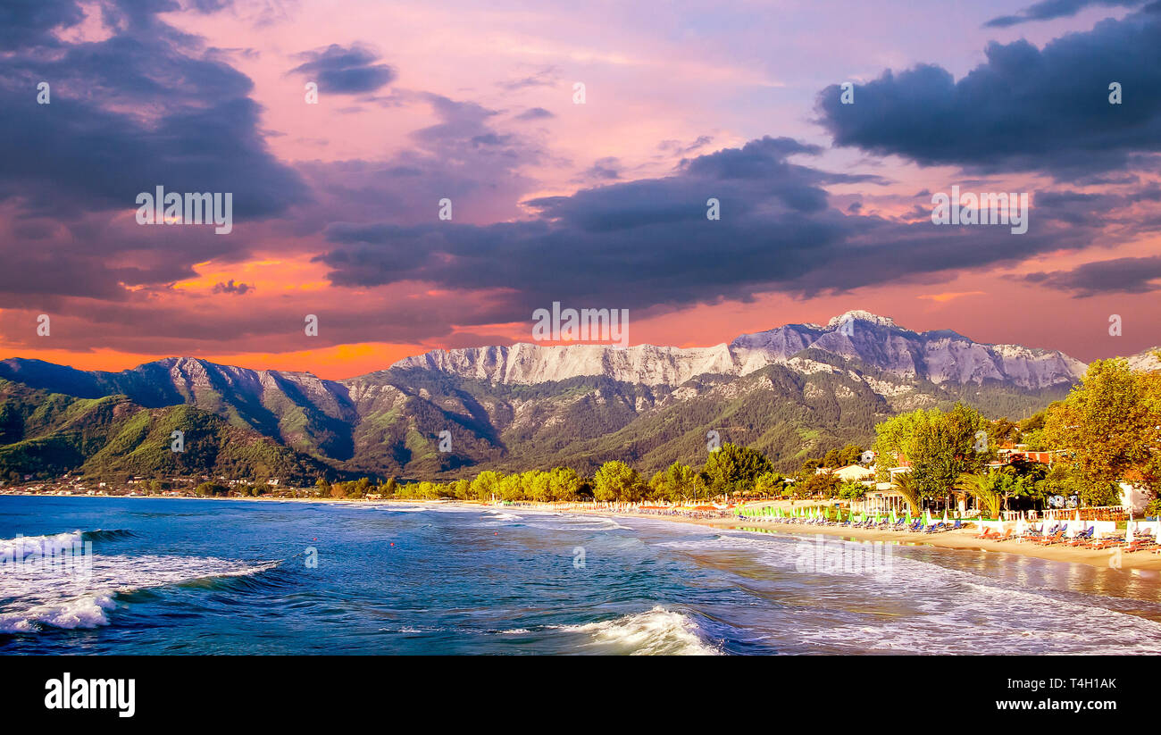Stunning sunset at Psili Ammos beach, Thassos island, Greece. It is ...