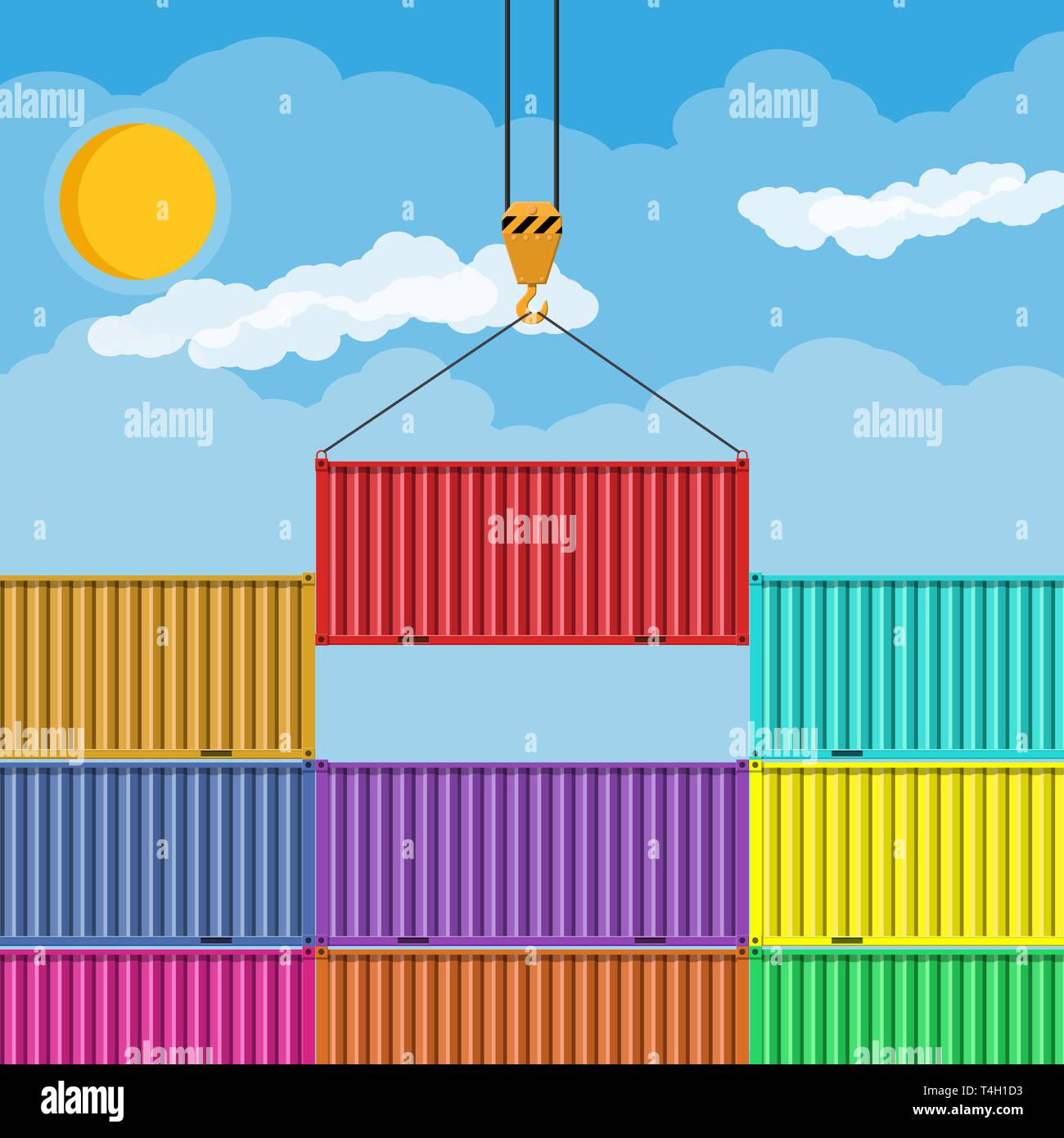 Crane hook lifts metal cargo container. Freight cargo transportation ...