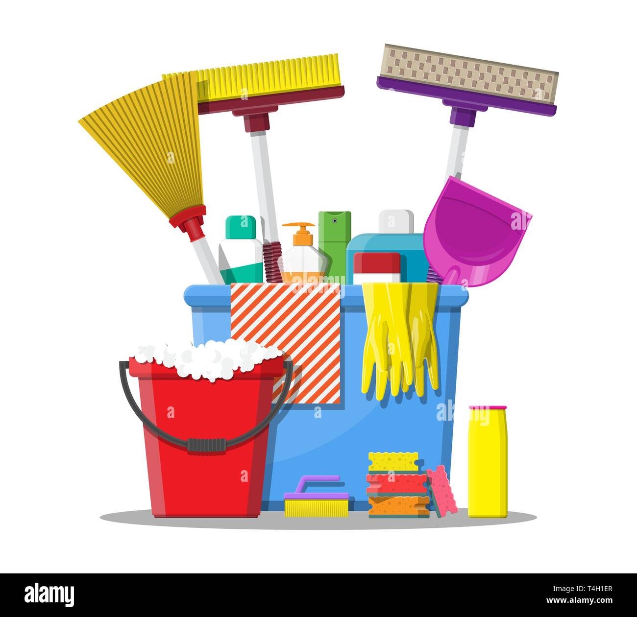 Bottle of detergent, sponge, soap and rubber gloves. Bucket, MOP, broom ...