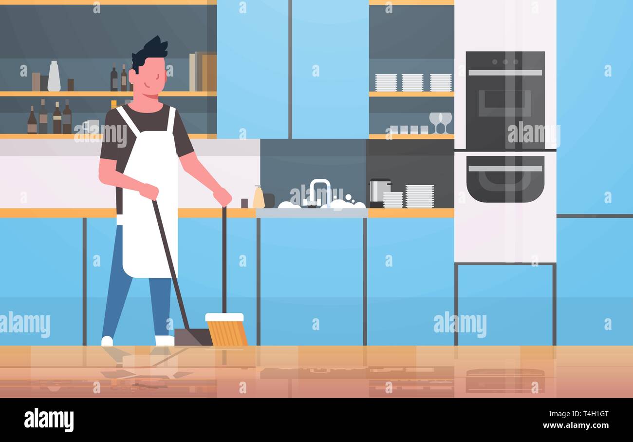 man sweeping floor with broom and scoop young guy doing housework house ...