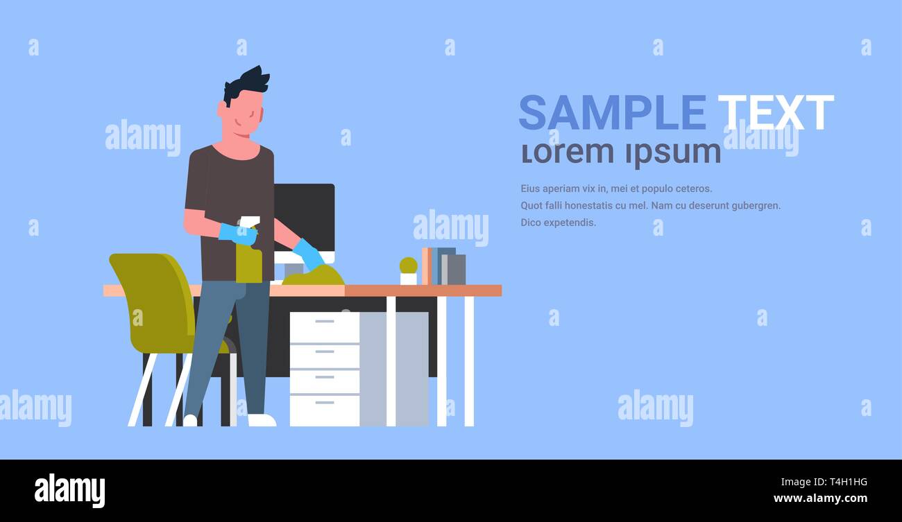 man cleaning computer table with duster guy wiping workplace desk ...