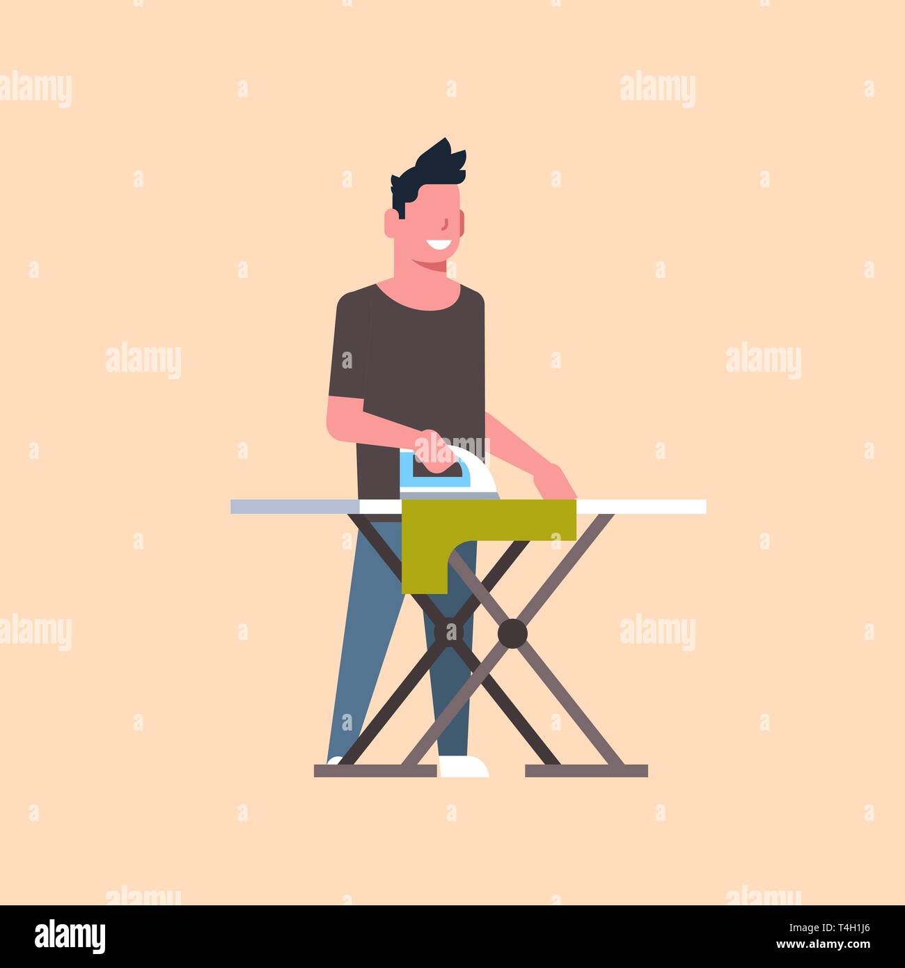 man ironing clothes guy holding iron doing housework housekeeping ...