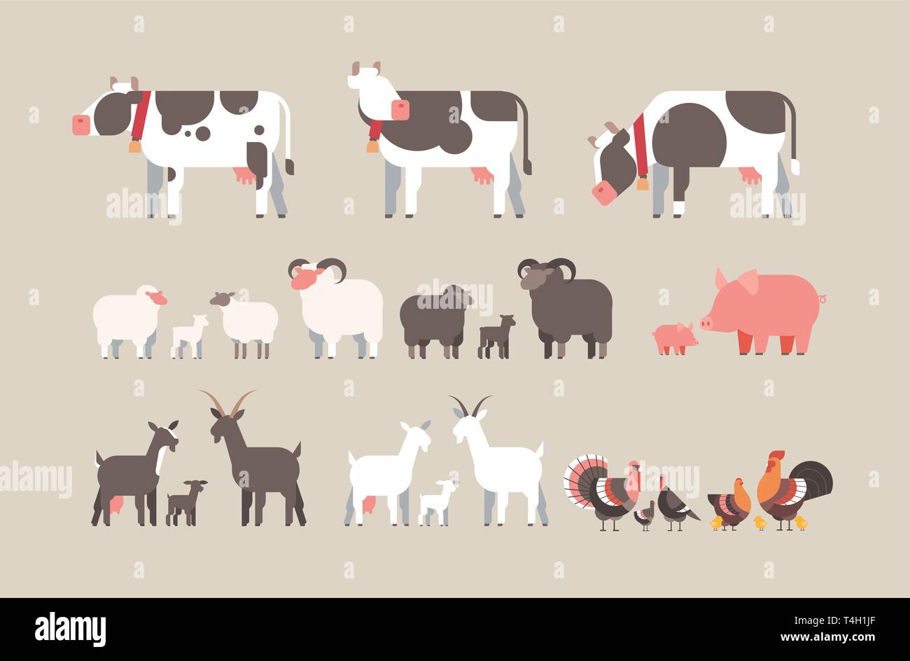 set farm animal cow goat pig turkey sheep chicken icons different ...