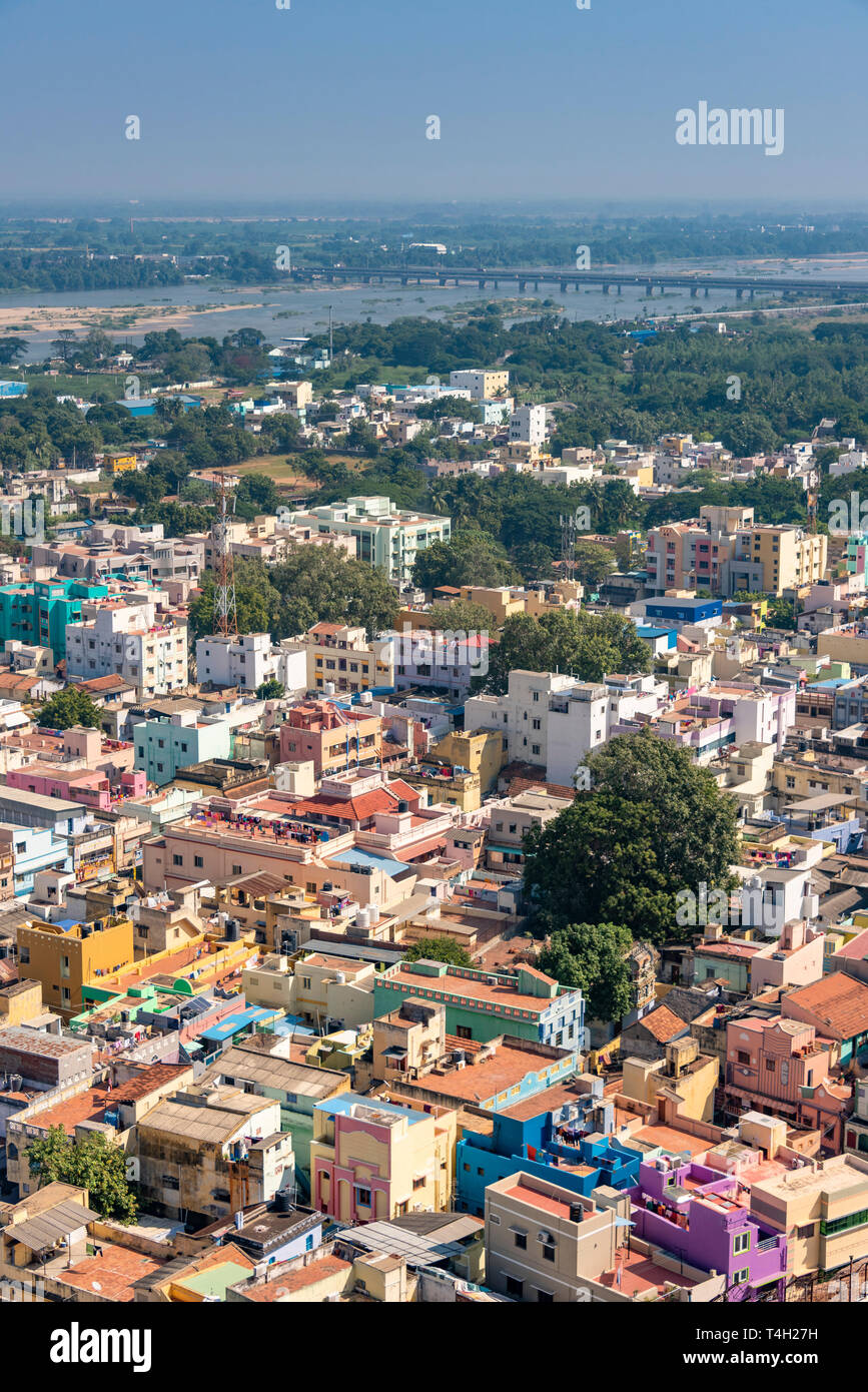 Vertical aerial cityscape across Trichy, India Stock Photo - Alamy