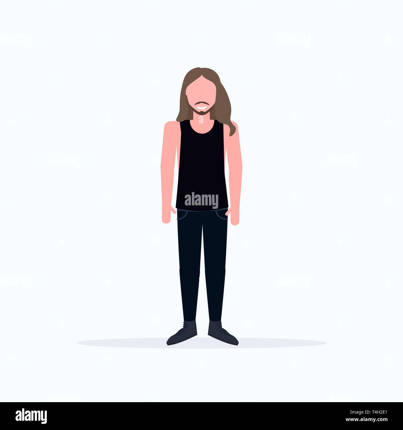 happy long haired man standing pose smiling guy wearing trendy clothes ...