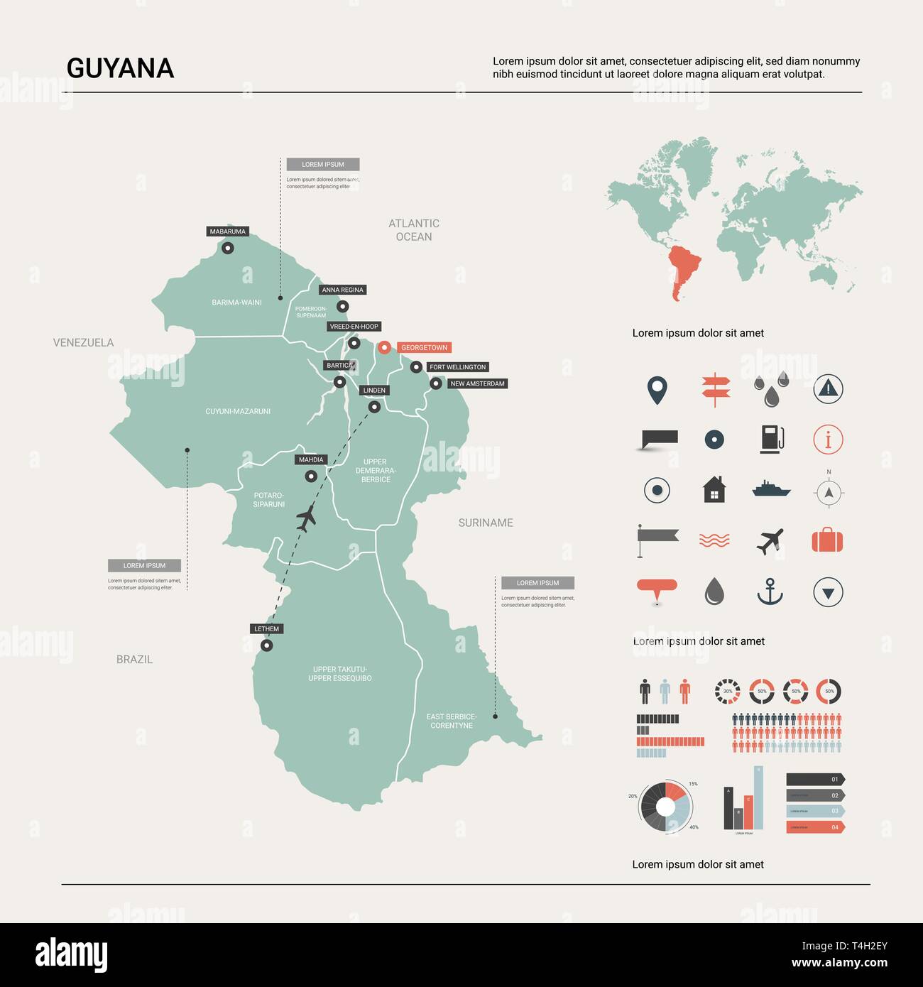 Vector map of Guyana. High detailed country map with division, cities ...