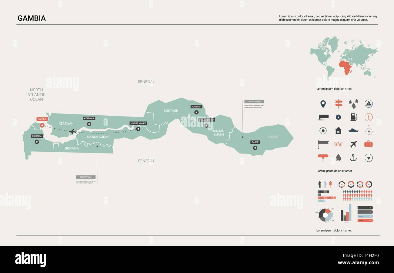 Vector map of Gambia. High detailed country map with division, cities ...
