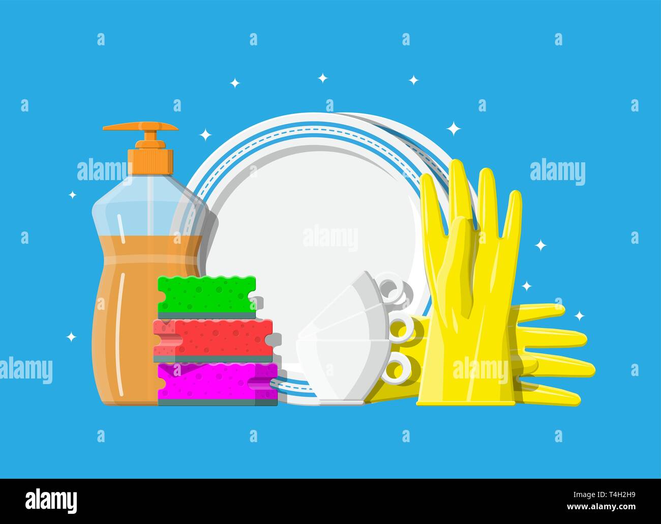 Bottle of detergent, sponge and rubber gloves. Clean teacups and ...