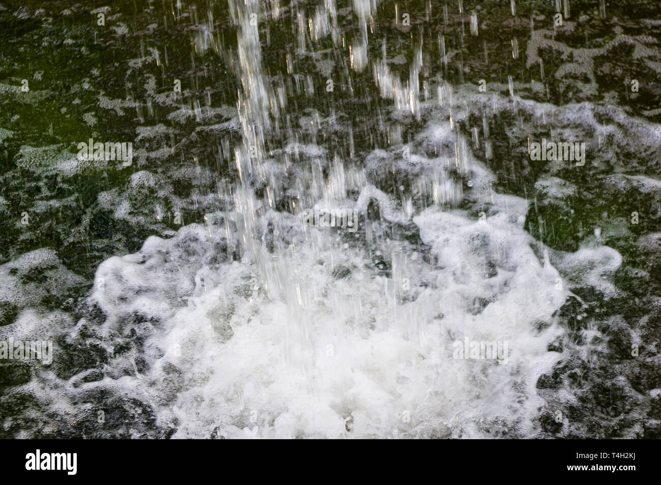 transparent falling water vertical flows against a blue sky and green ...