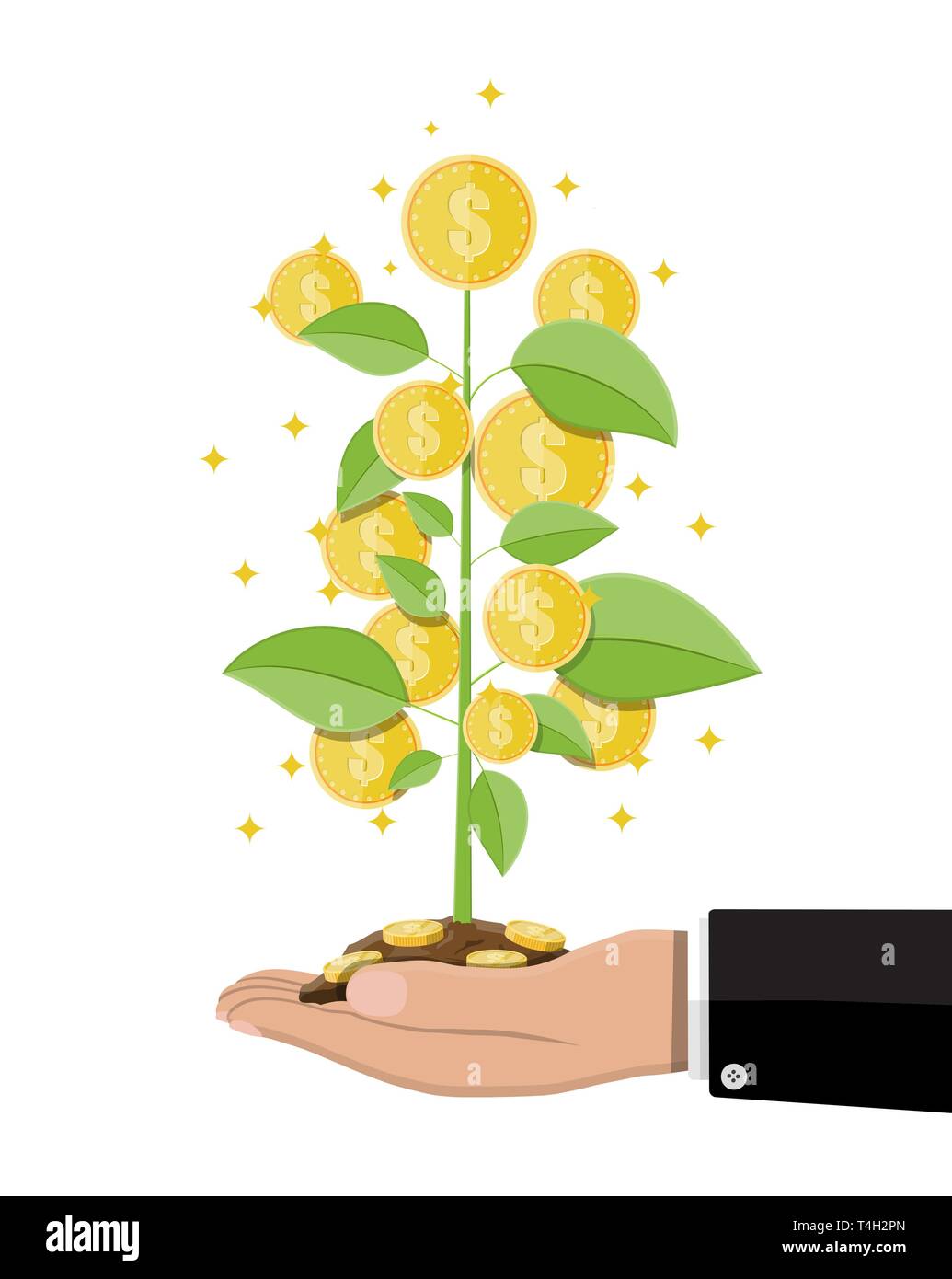 Money coin tree in hand of businessman. Growing money tree. Investment ...