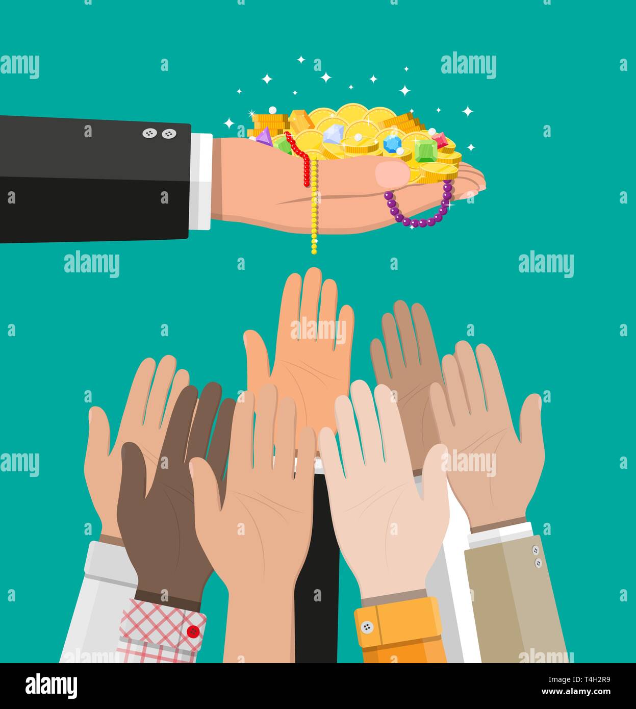 Treasures in hand. Gold coins, jewelry, gems. Symbol of wealth. Vector ...