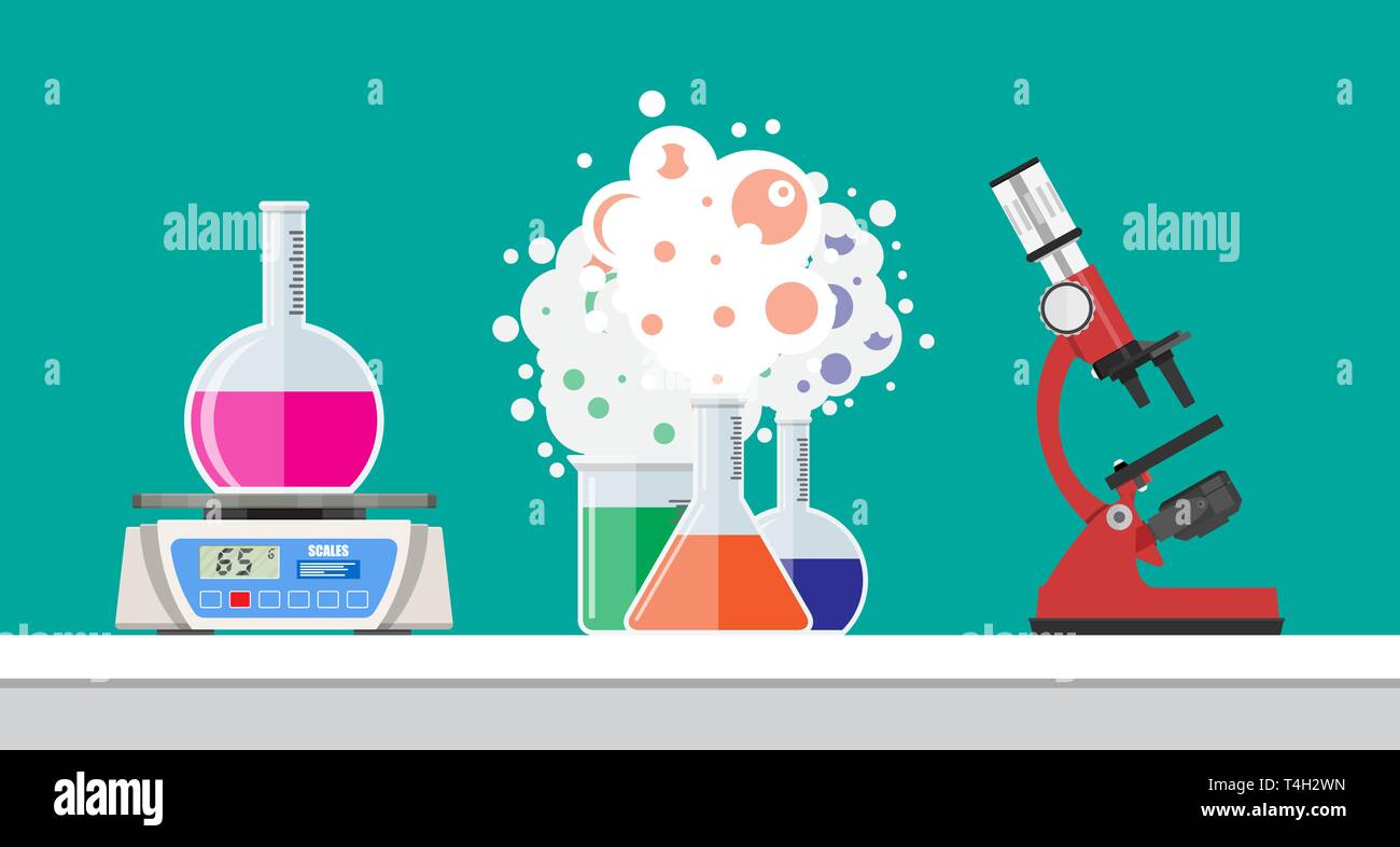 Laboratory equipment, jars, beakers, flasks, microscope and scales ...