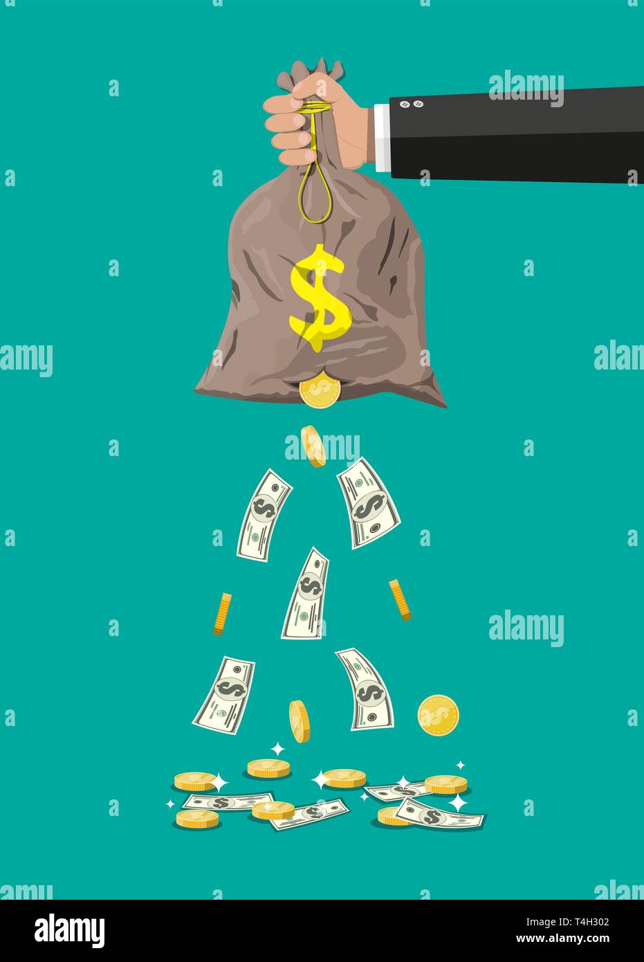 Money bag with hole in hand. Losing golden coins and dollar cash ...