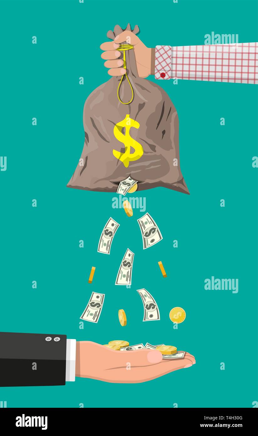 Money bag with hole in hand. Losing golden coins and dollar cash ...