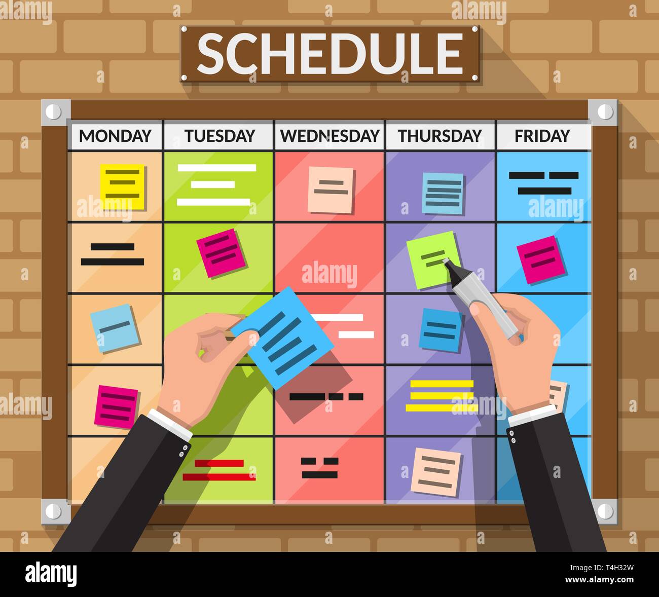 Bulletin board hanging on brick wall full of tasks on sticky note cards ...