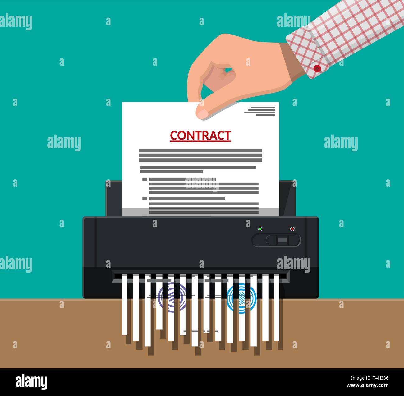 Hand putting contract paper in shredder machine. Torn to shreds ...