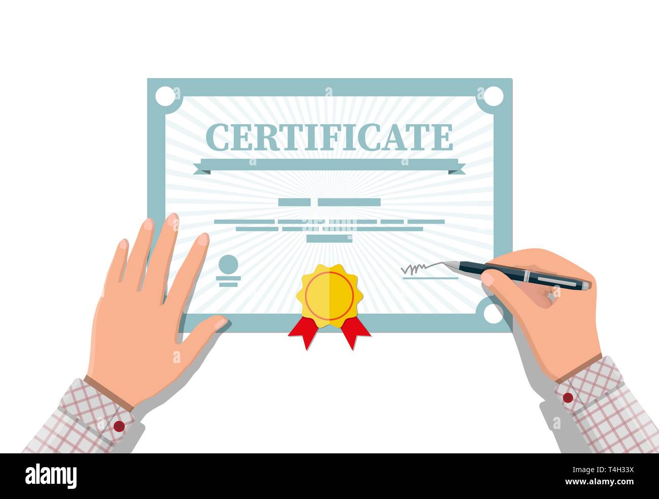 Businessman hand signs certificate. Diploma or accreditation with ...