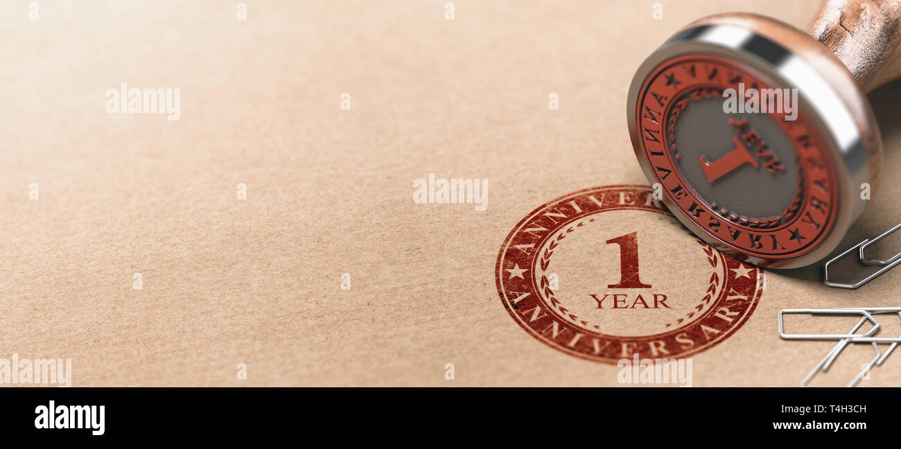3d illustration of a rubber stamp with the text one year anniversary ...