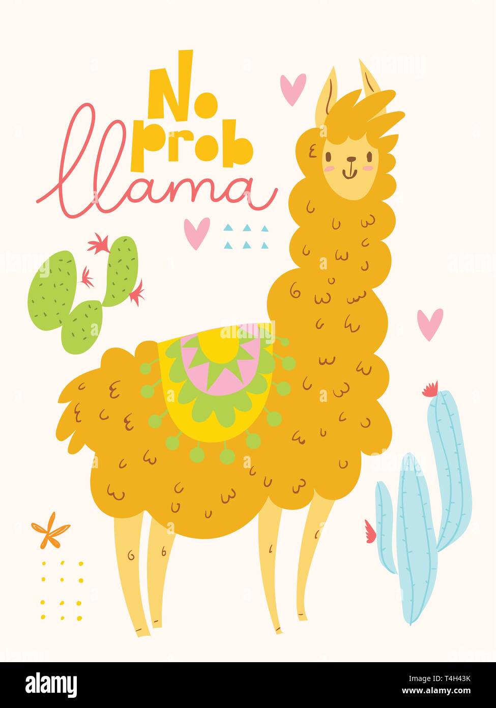 Vector poster or card with cute cartoon lama and cacti Stock Vector ...