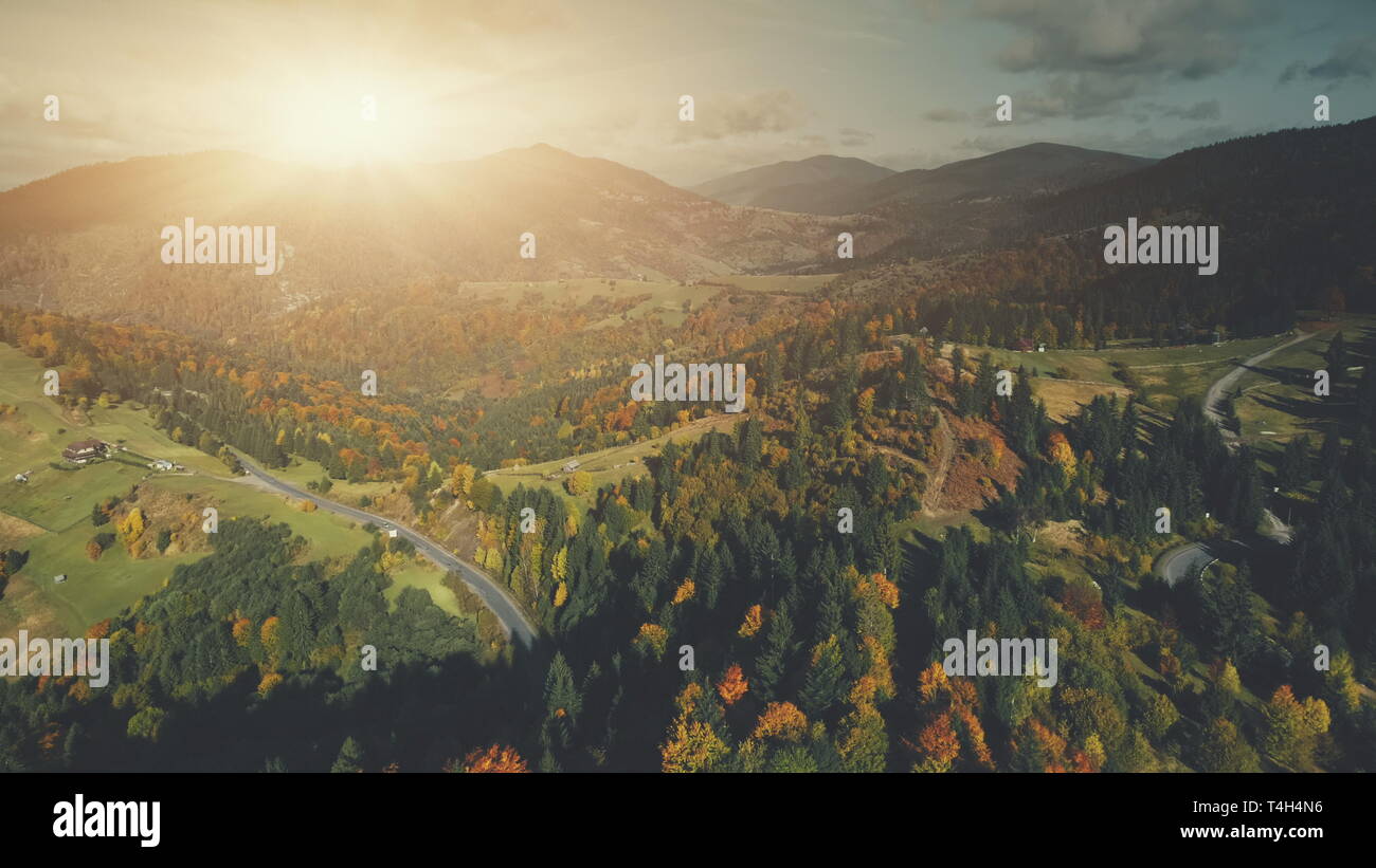 Colorful Sunset Mountain Peak Aerial View. Majestic Highland Landscape ...