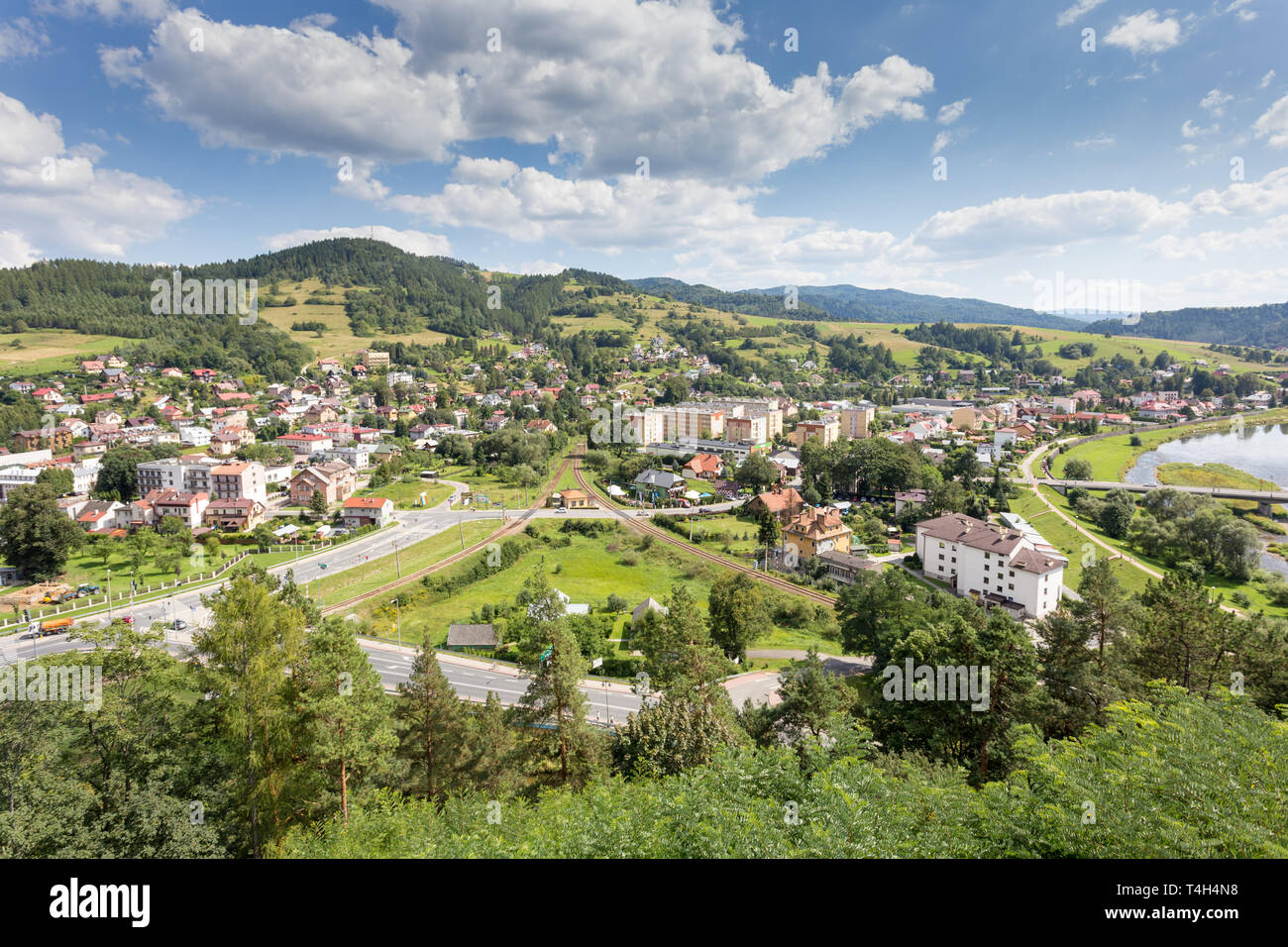 MUSZYNA, POLAND - AUGUST 16, 2017. View from Baszta Mountain to center ...