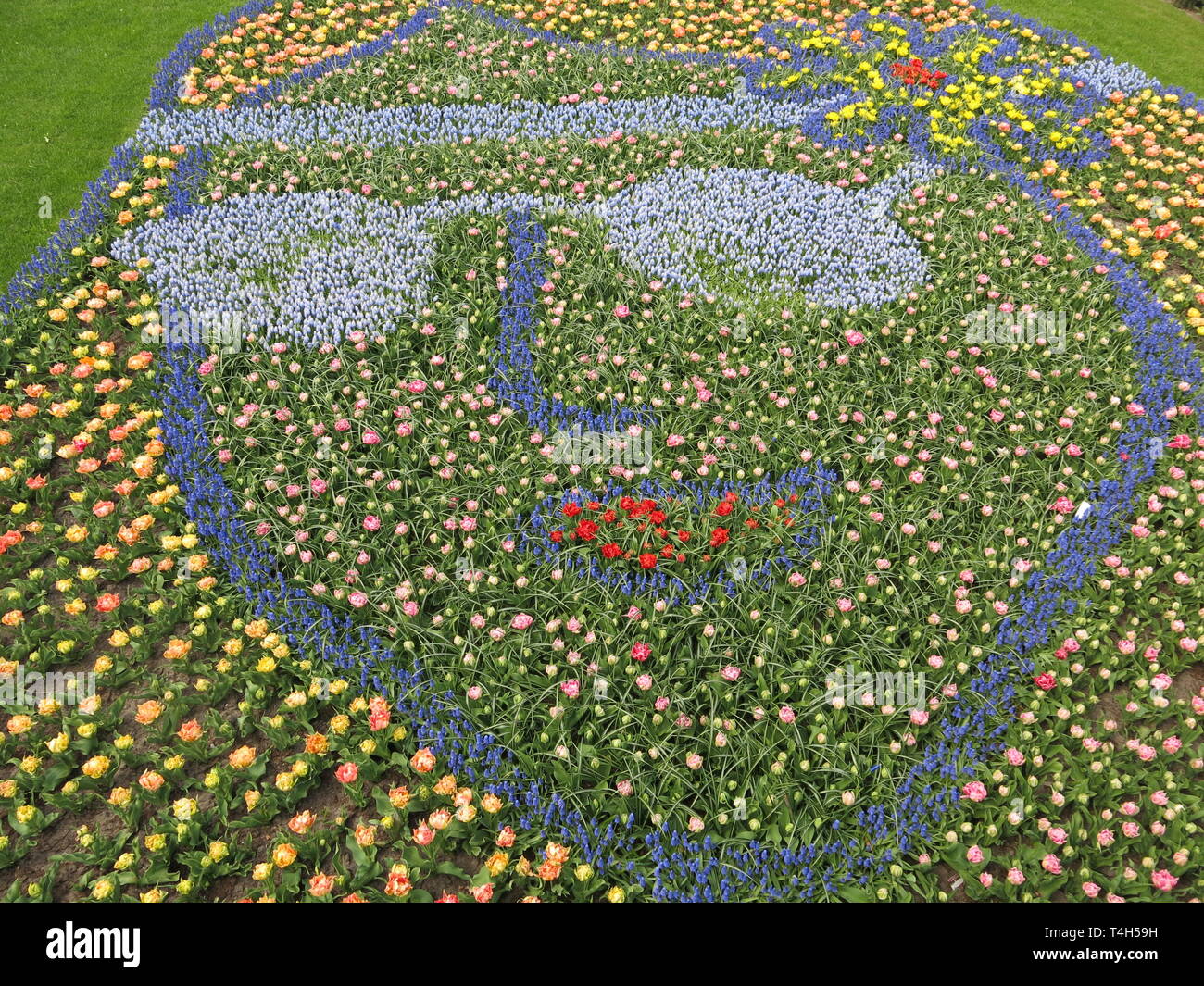 A flower bed display of planted bulbs featuring the visage of John ...