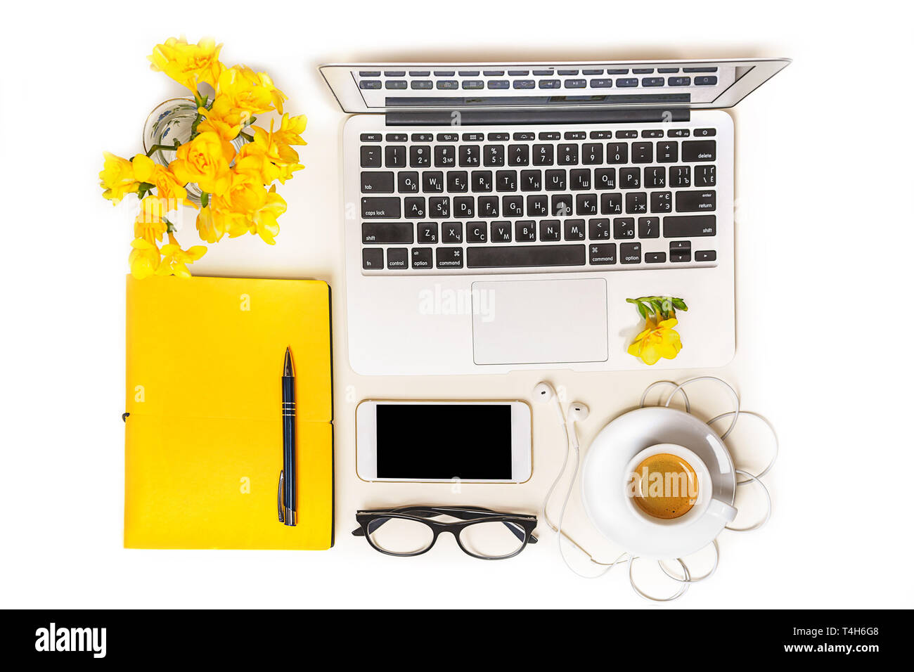 Flat lay top view of workplace with laptop Cut Out Stock Images ...