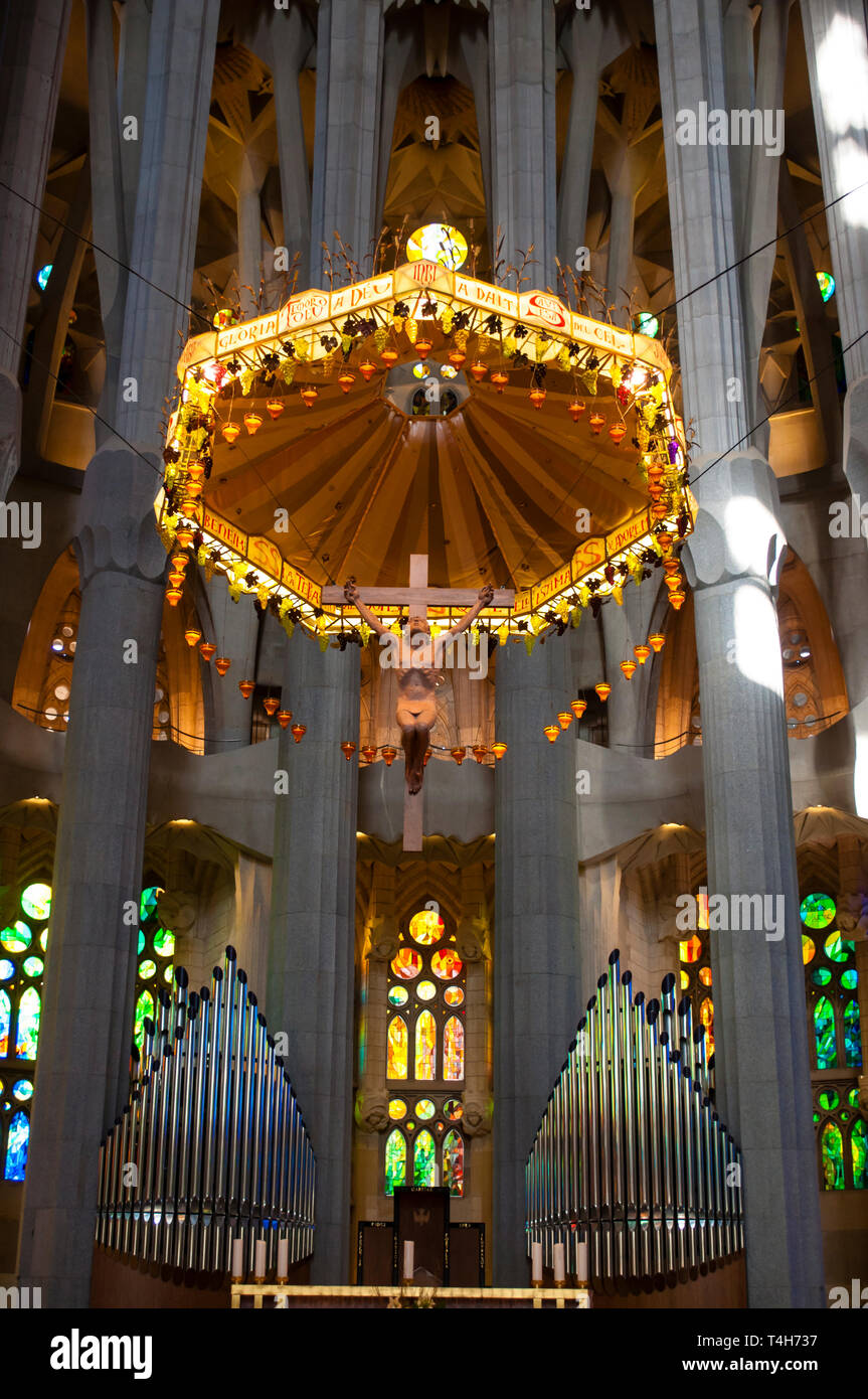 Interior of the expiatory temple of the Sagrada Familia, designed by ...
