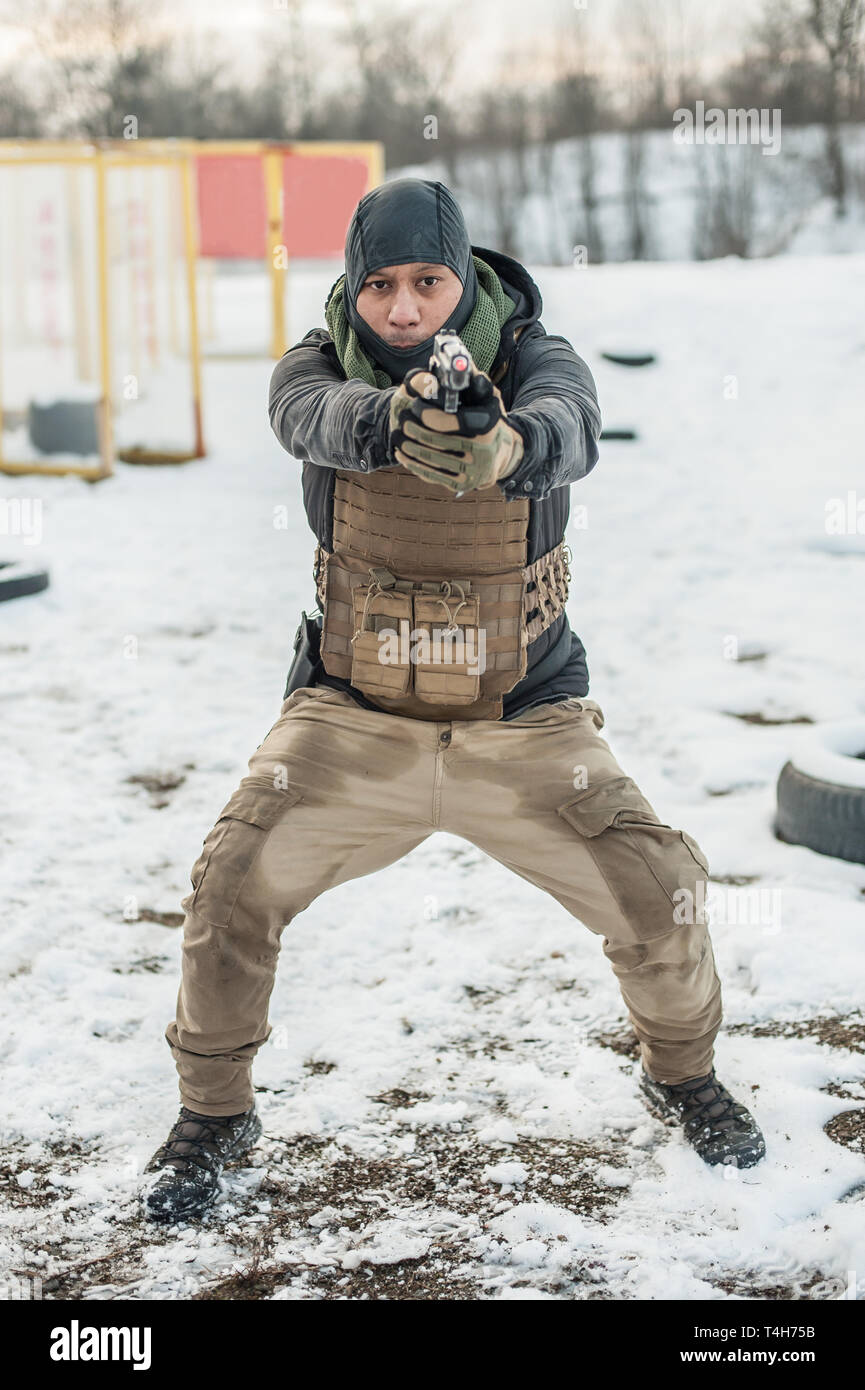 Military and army special forces soldier have combat shooting training ...