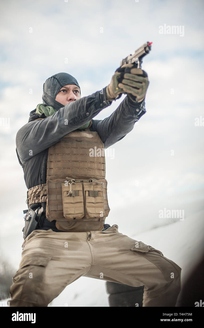 Military and army special forces soldier have combat shooting training ...