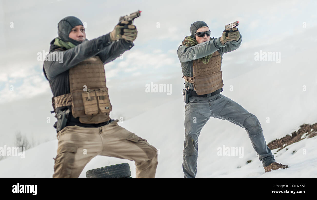 Two military and army special forces soldier have combat shooting ...
