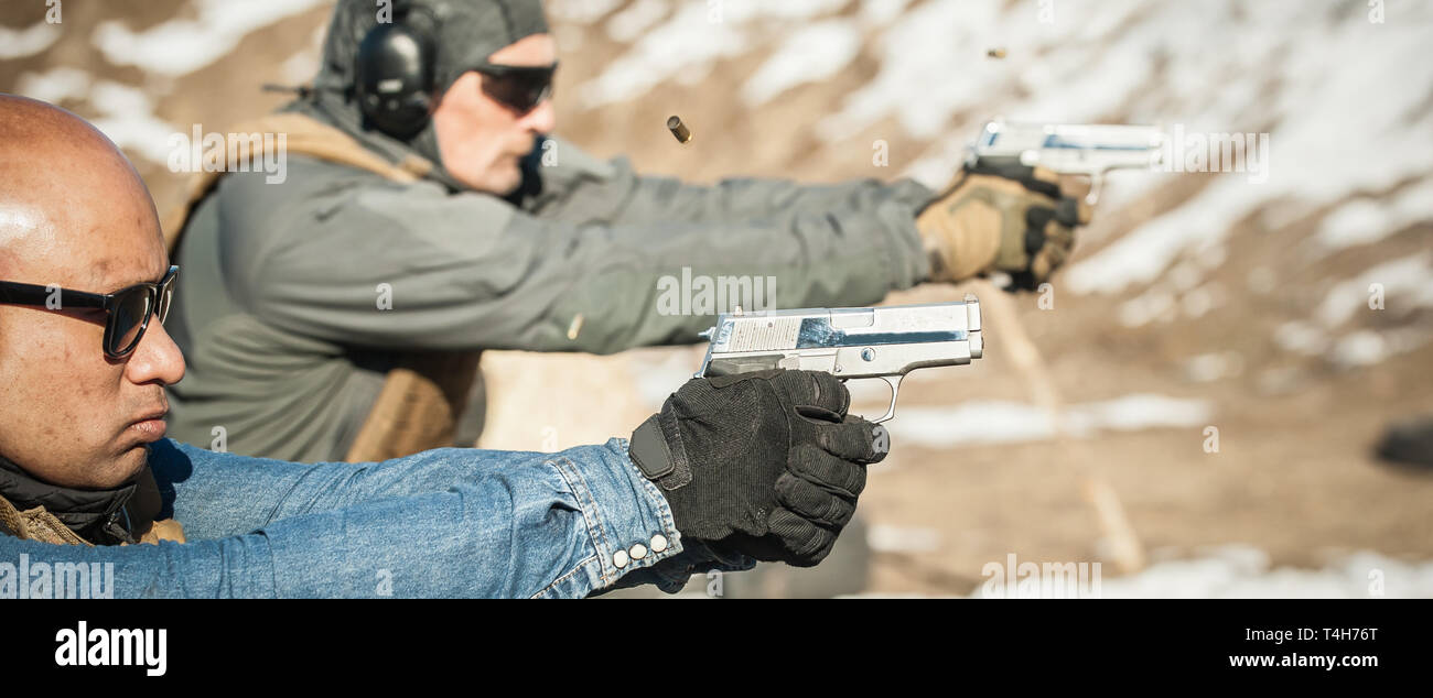 Two military and army special forces soldier have combat gun shooting ...