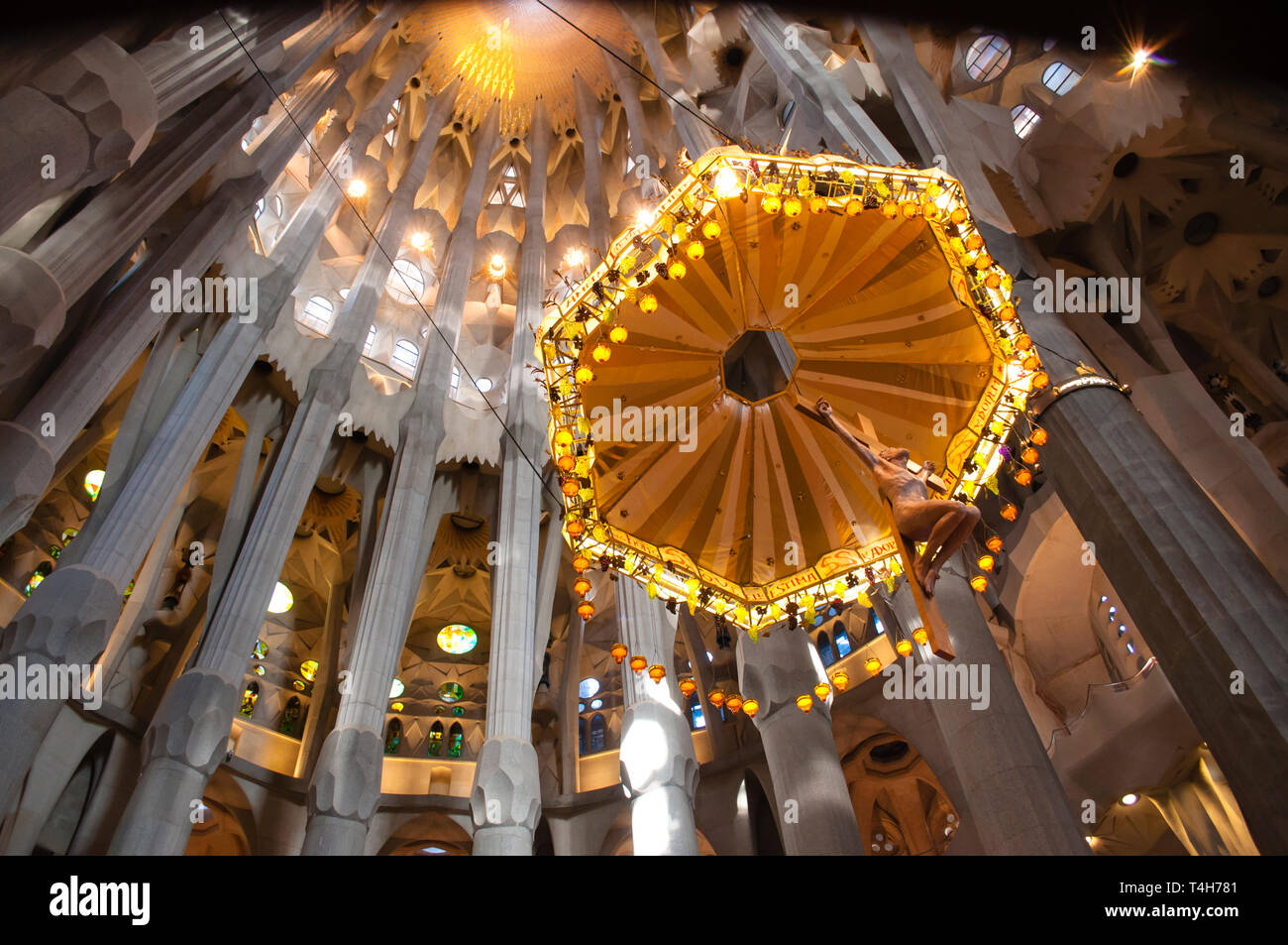 Interior of the expiatory temple of the Sagrada Familia, designed by ...