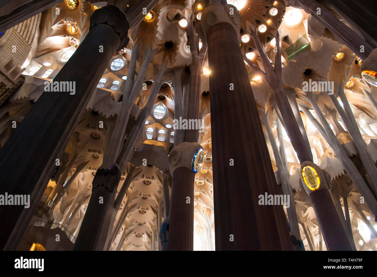 Interior of the expiatory temple of the Sagrada Familia, designed by ...