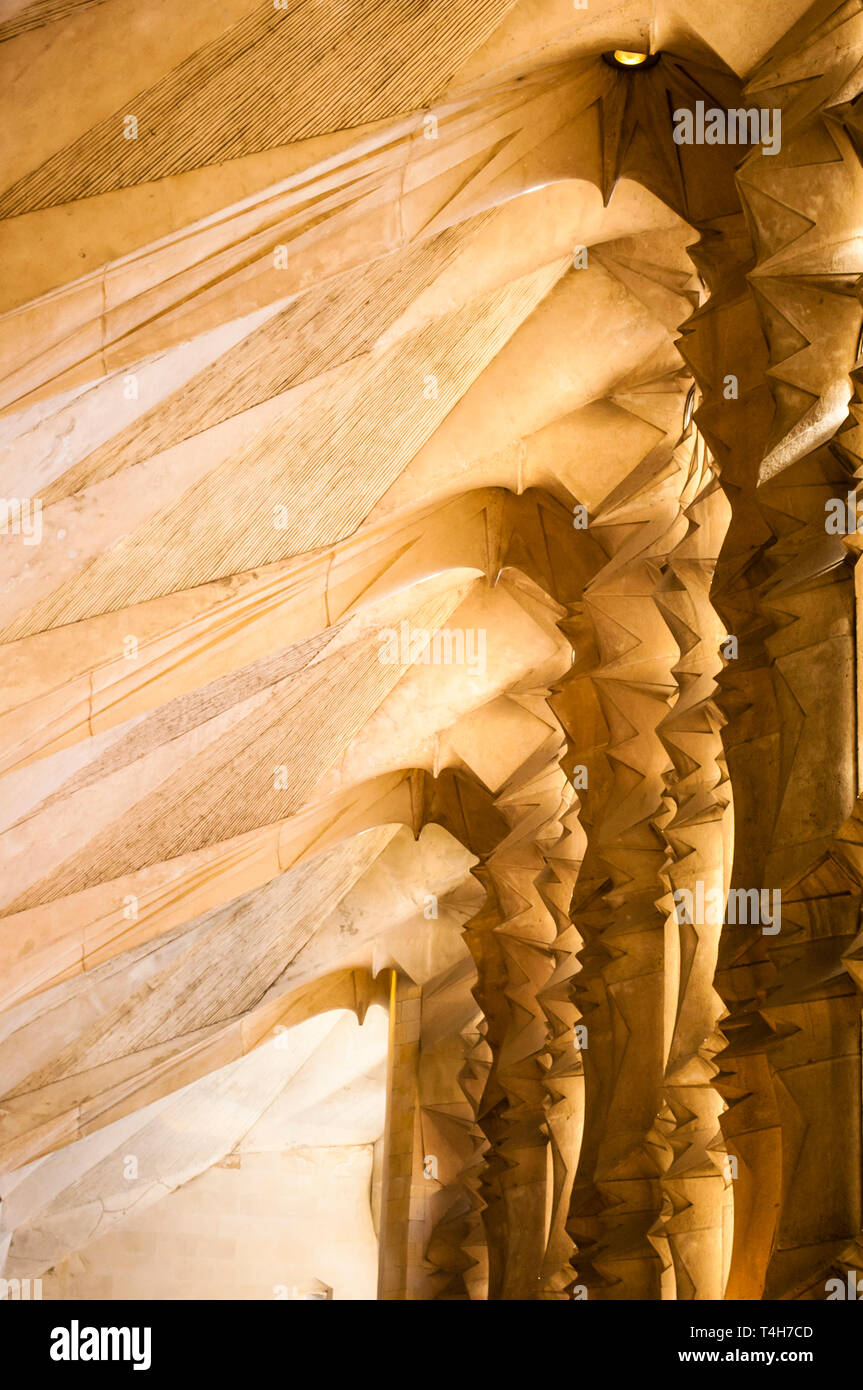 Interior of the expiatory temple of the Sagrada Familia, designed by ...