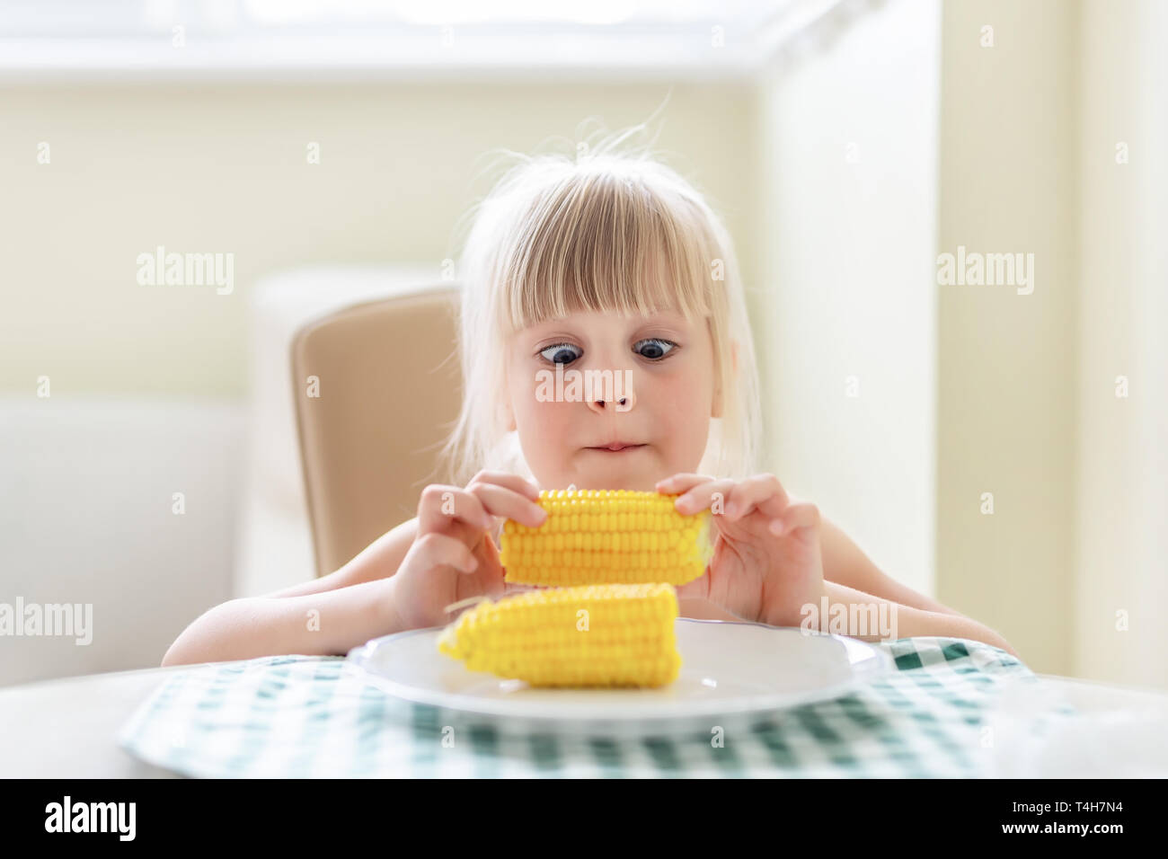 Cute blond caucasian girl holding in hand tasty boiled sweet corn cob ...
