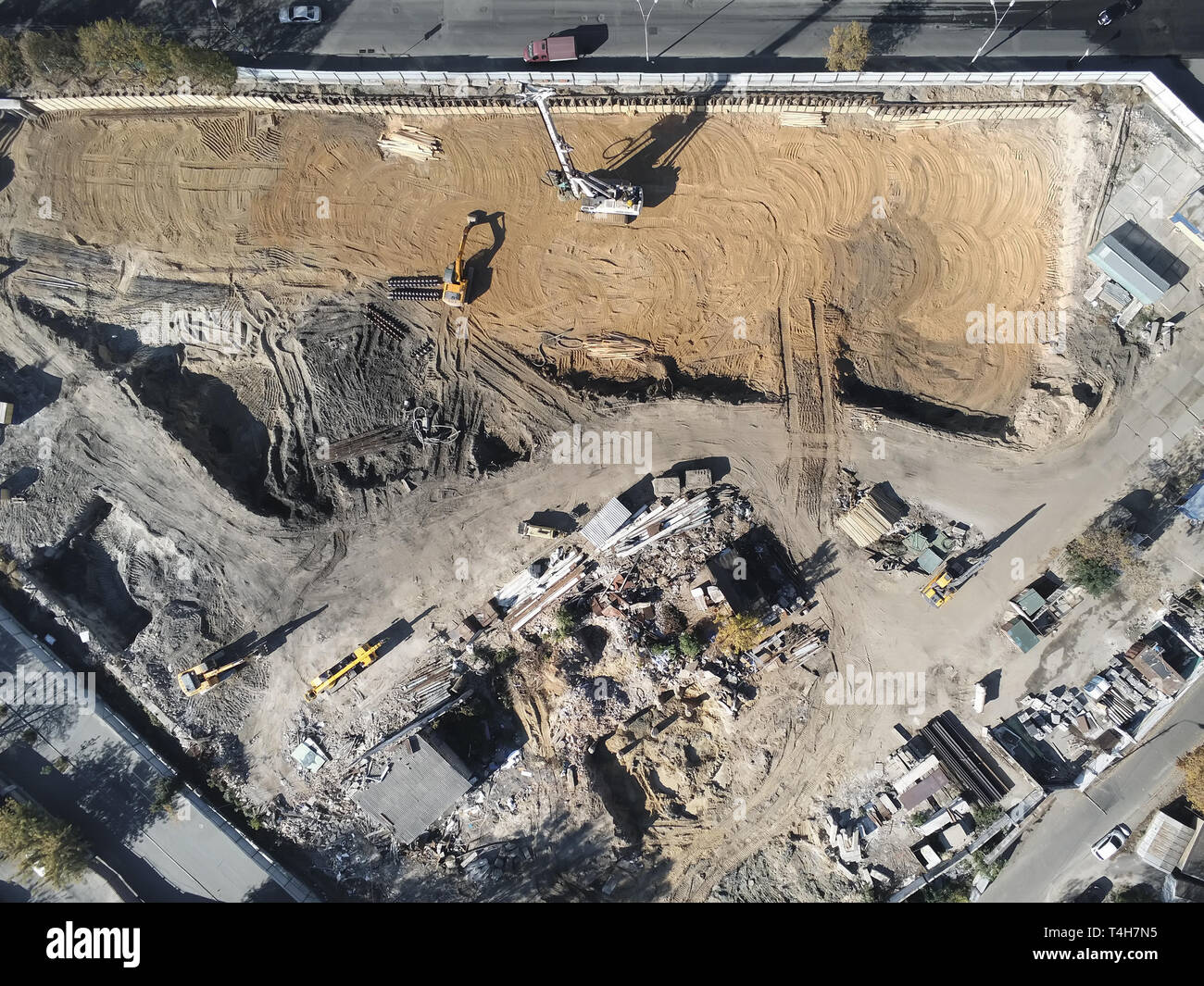 Construction site aerial view. Mall building base with solid concrete ...