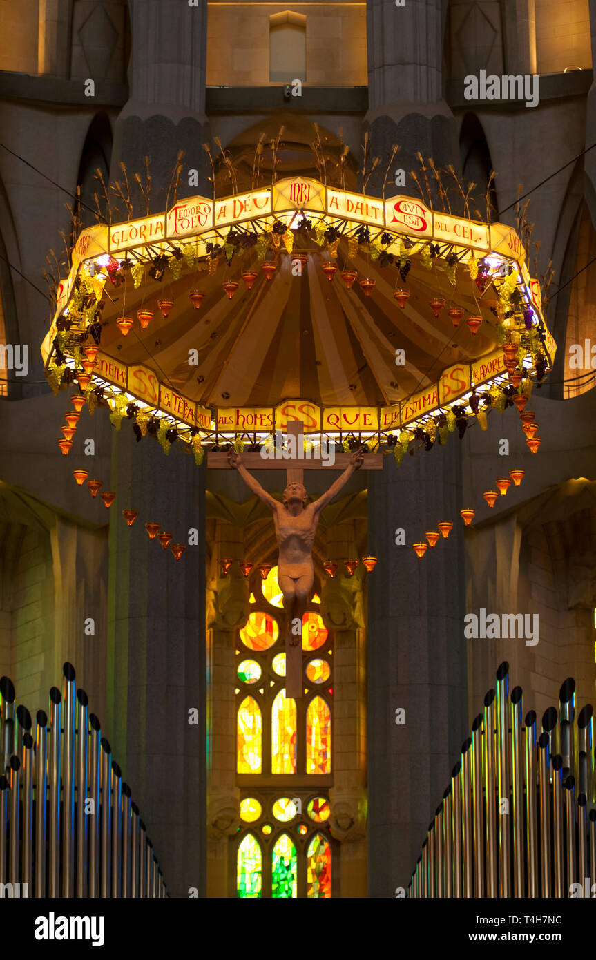 Interior of the expiatory temple of the Sagrada Familia, designed by ...
