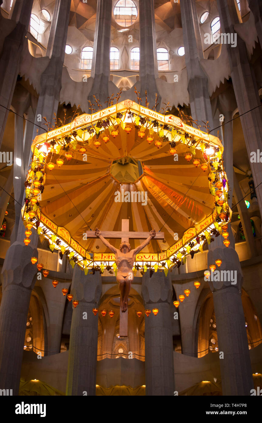 Interior of the expiatory temple of the Sagrada Familia, designed by ...