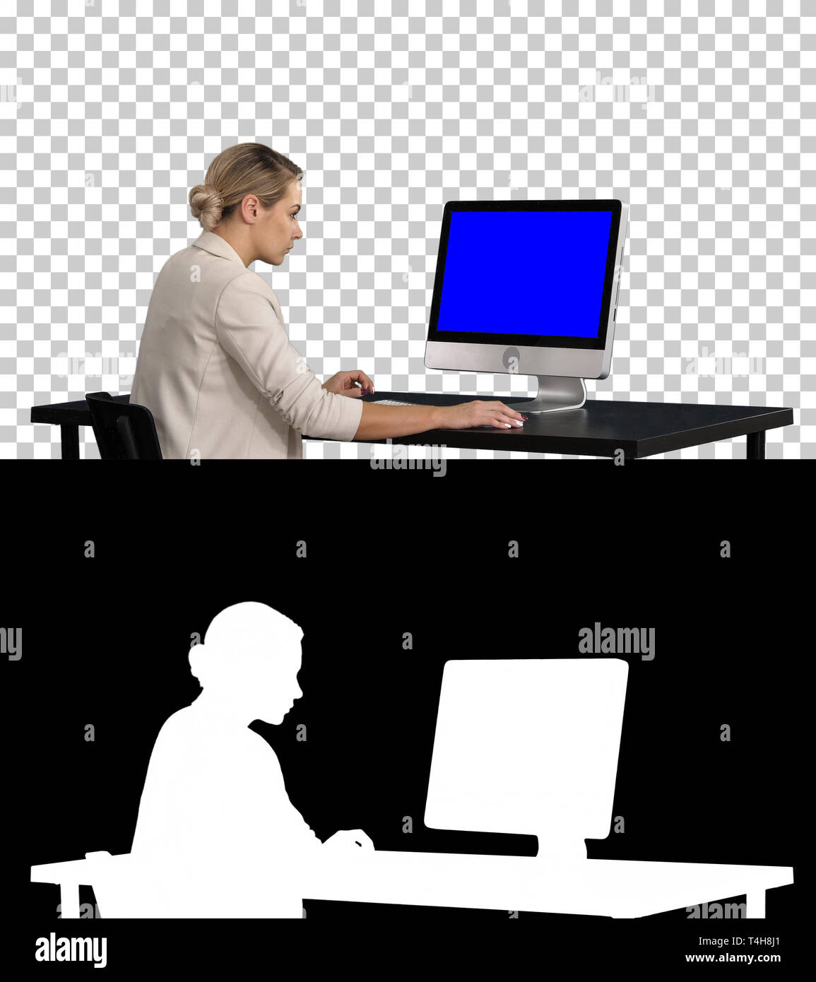 Business person works at table with computer, Alpha Channel. Blue ...