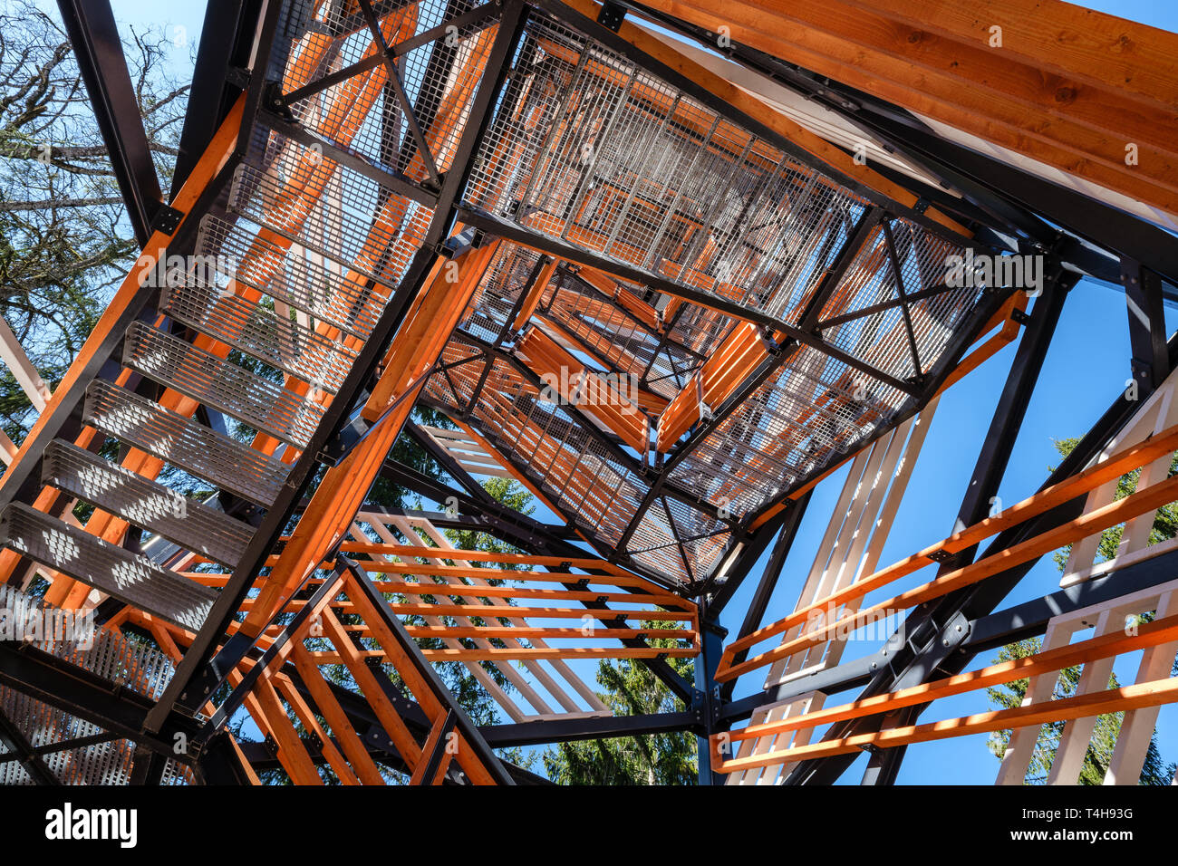 details of moder wooden and metal watchtower in forest countryside ...