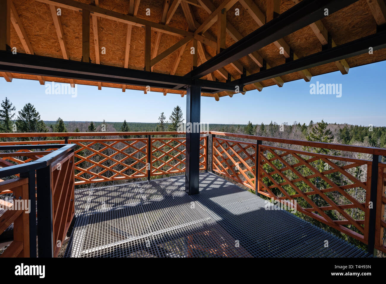 details of moder wooden and metal watchtower in forest countryside ...