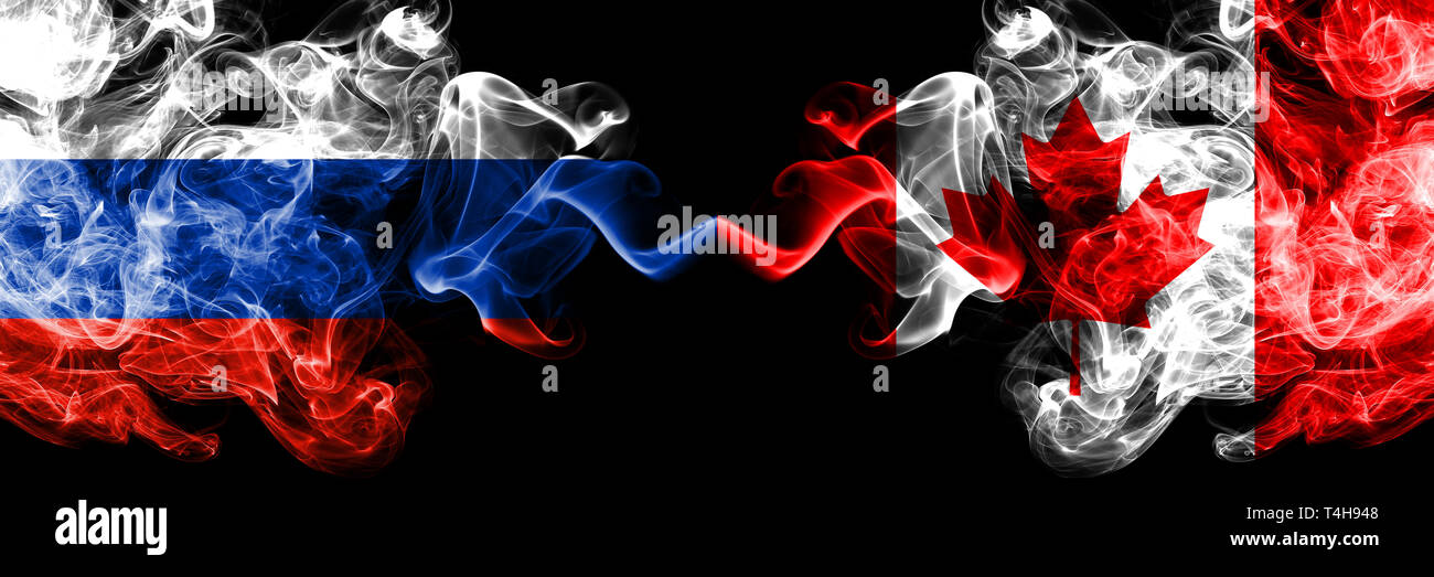 Russian vs Canada, Canadian smoke flags placed side by side. Thick ...