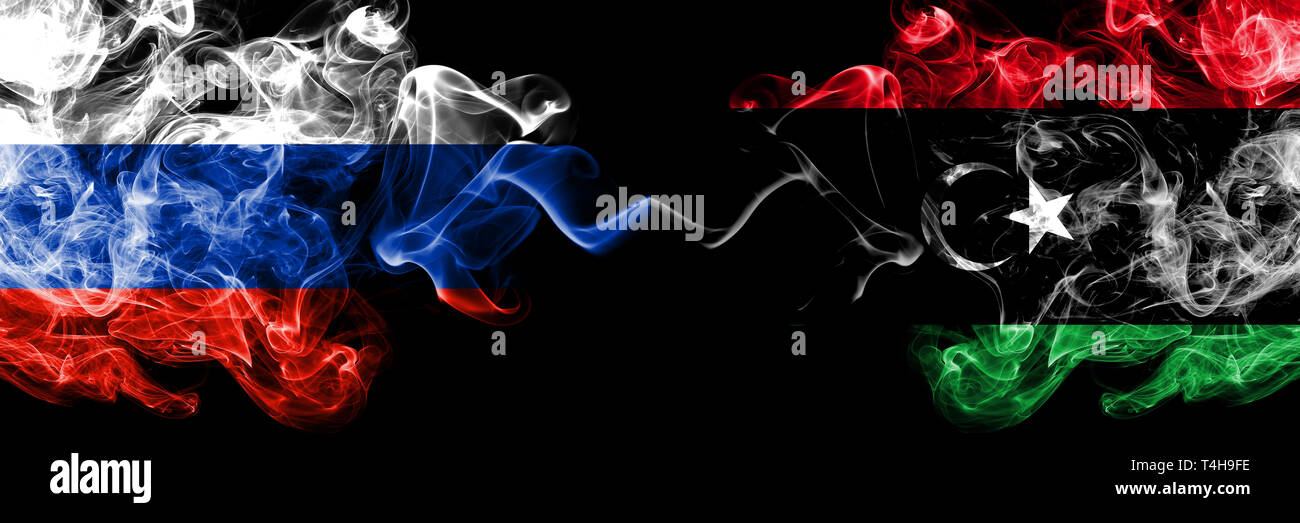 Russian vs Libya, Libyan smoke flags placed side by side. Thick colored ...