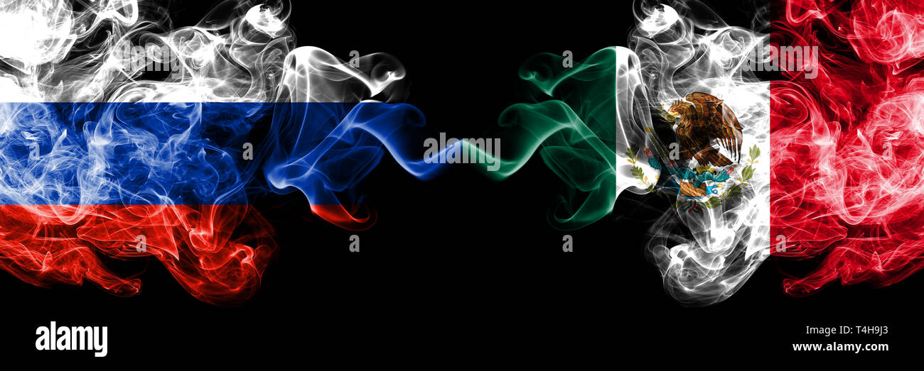 Russian vs Mexico, Mexican smoke flags placed side by side. Thick ...