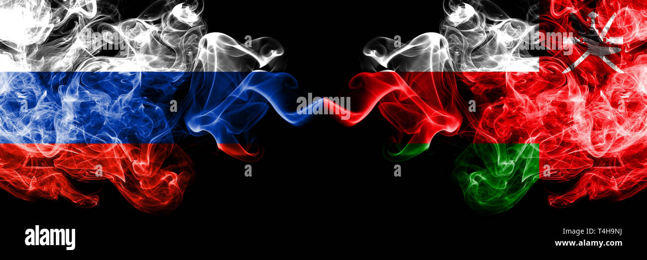 Russian vs Oman, Omani smoke flags placed side by side. Thick colored ...