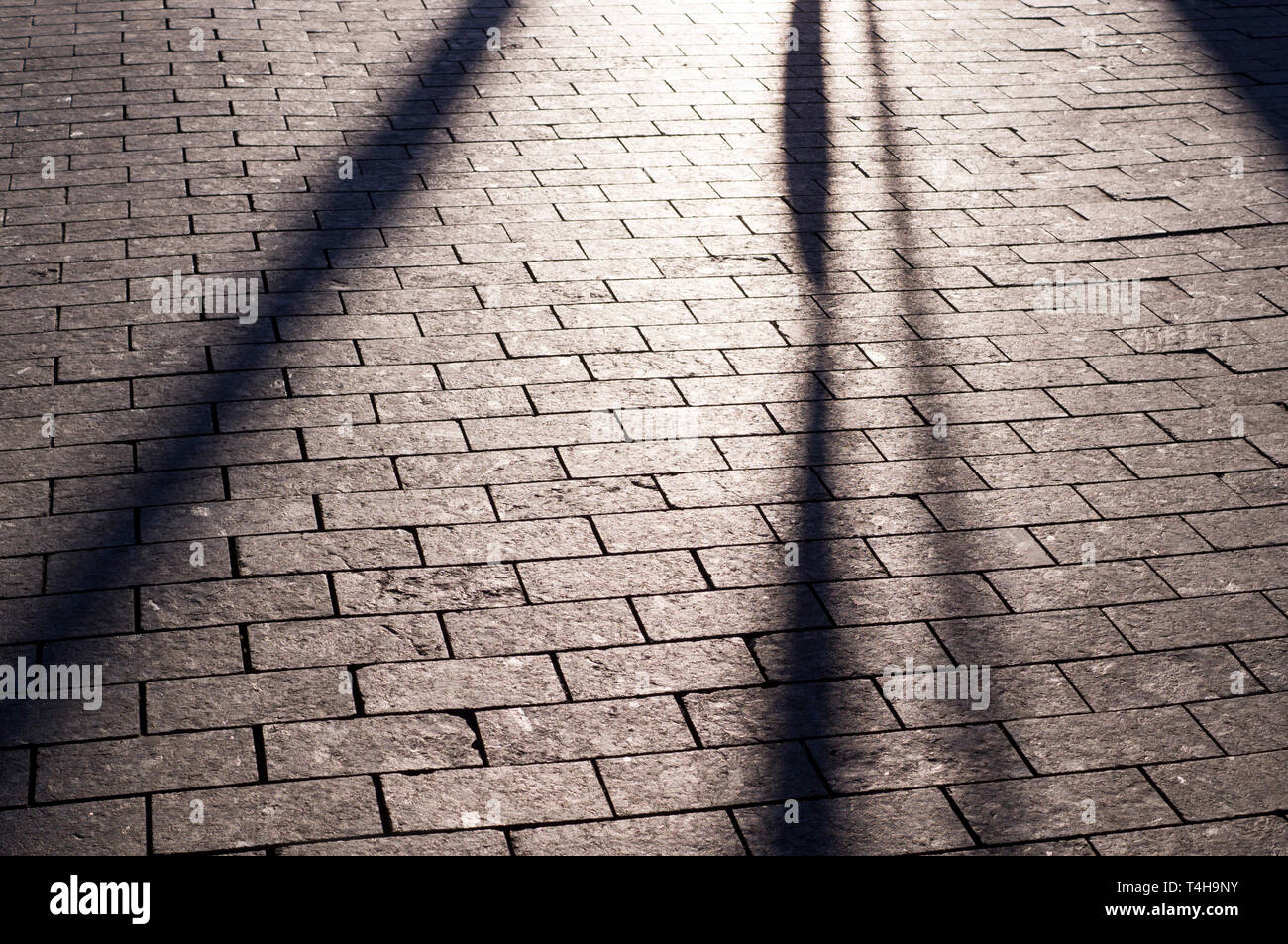 sun shadows on the tile paved sidewalk with perspective. background ...
