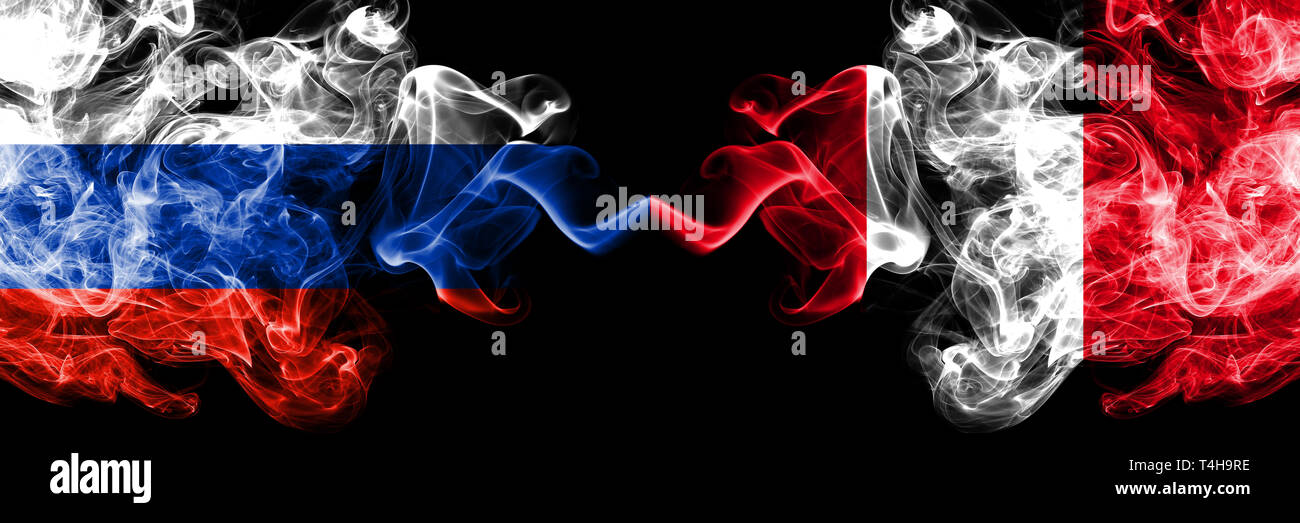 Russian vs Peru, Peruan smoke flags placed side by side. Thick colored ...