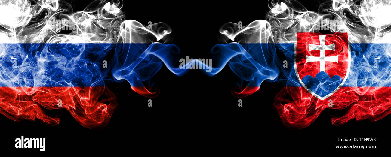 Russian vs Slovakia, Slovakian smoke flags placed side by side. Thick ...