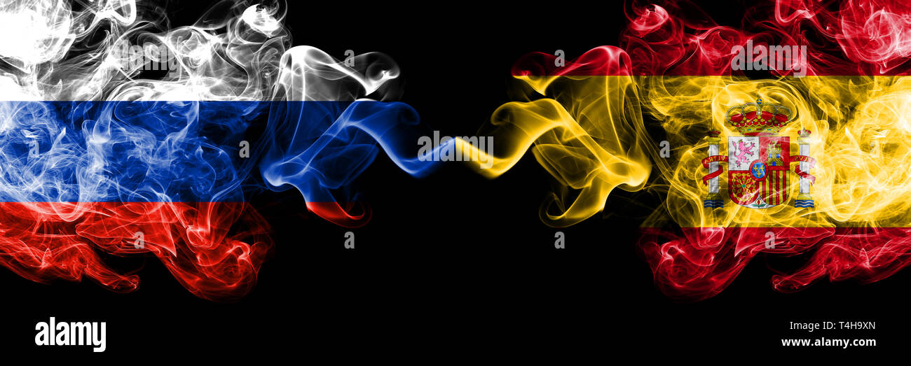 Russian vs Spain, Spanish smoke flags placed side by side. Thick ...